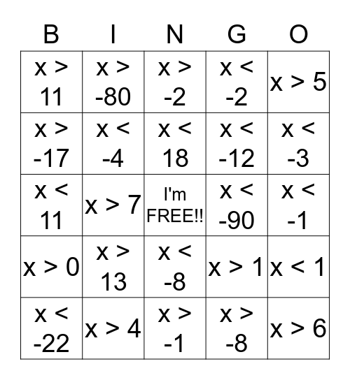 Solving Inequalities Bingo Card