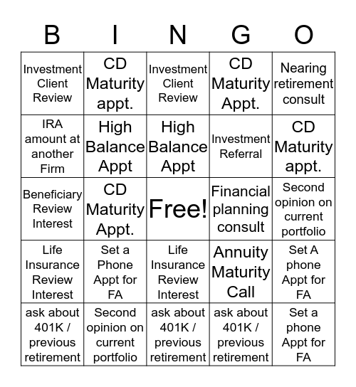 Investment Dialing Bingo Card