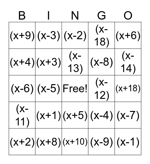 Factoring Quadratic Trinomials Where a = 1 Bingo Card