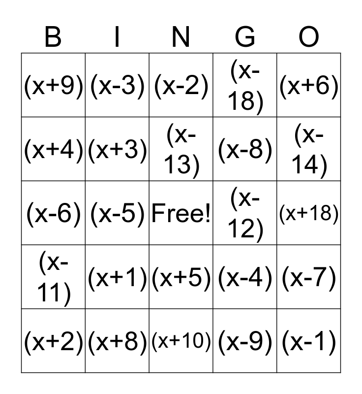 Factoring Quadratic Trinomials Where a = 1 Bingo Card