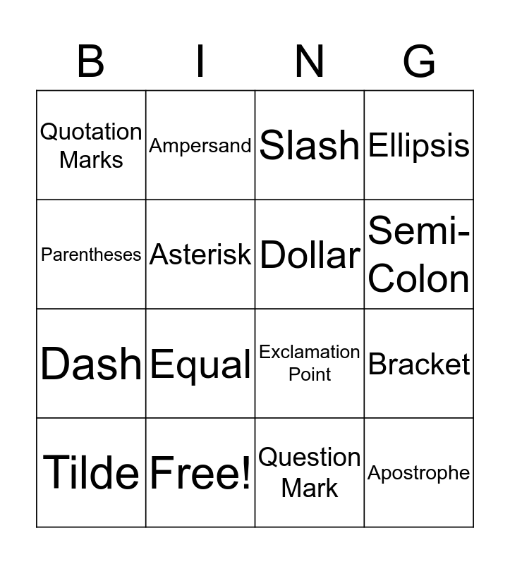 PUNCTUATION BINGO Card