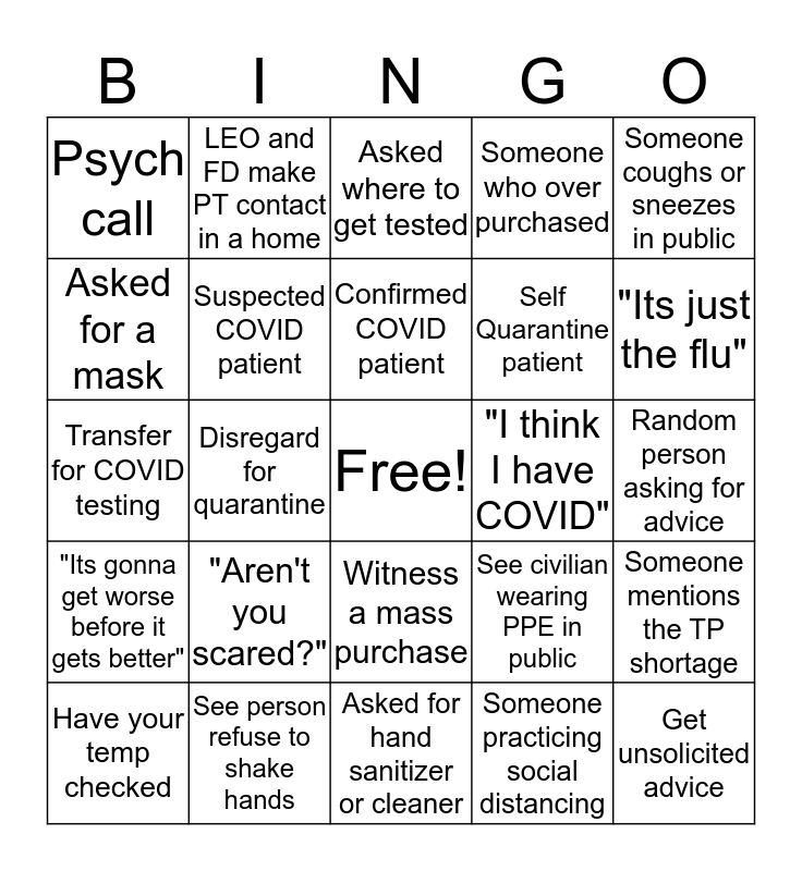 EMS BINGO "COVID - 19 EDITION" Bingo Card