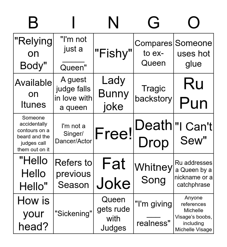 Drag Race Bingo Card