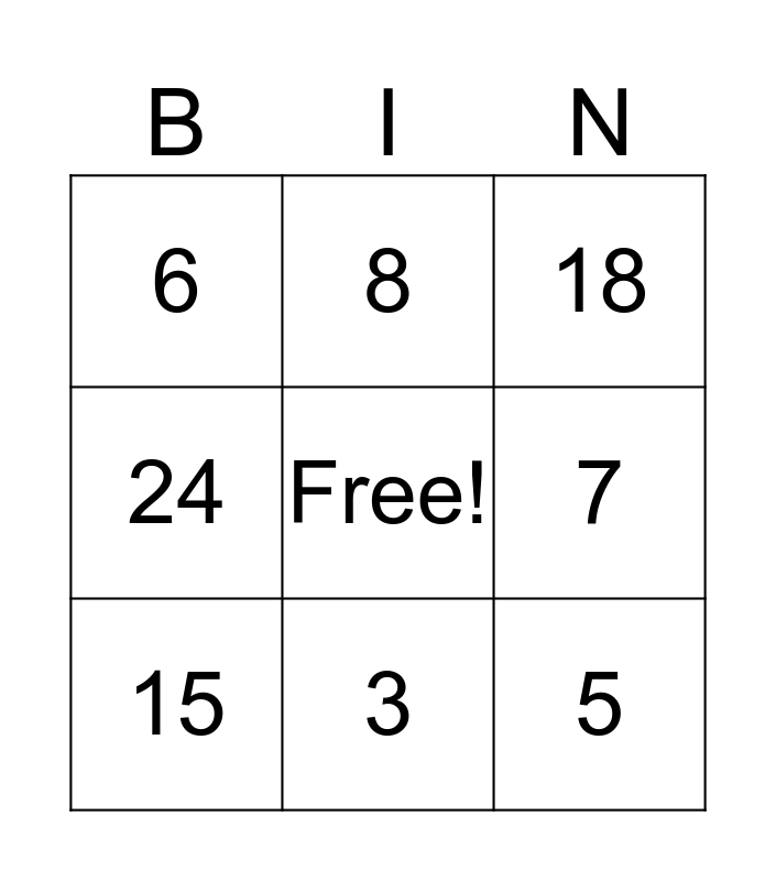 Bingo 1-25 Bingo Card