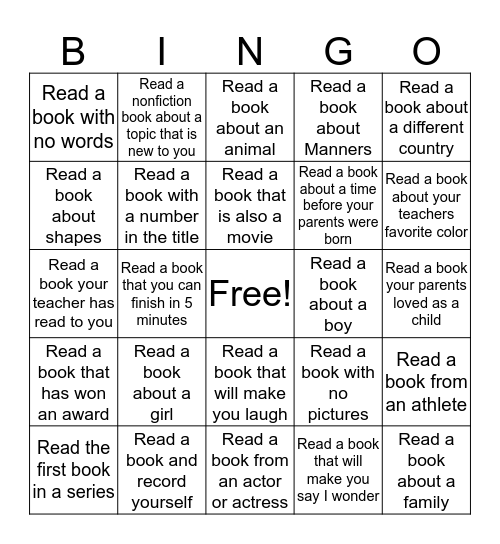 Kindergarten Book Bingo Card