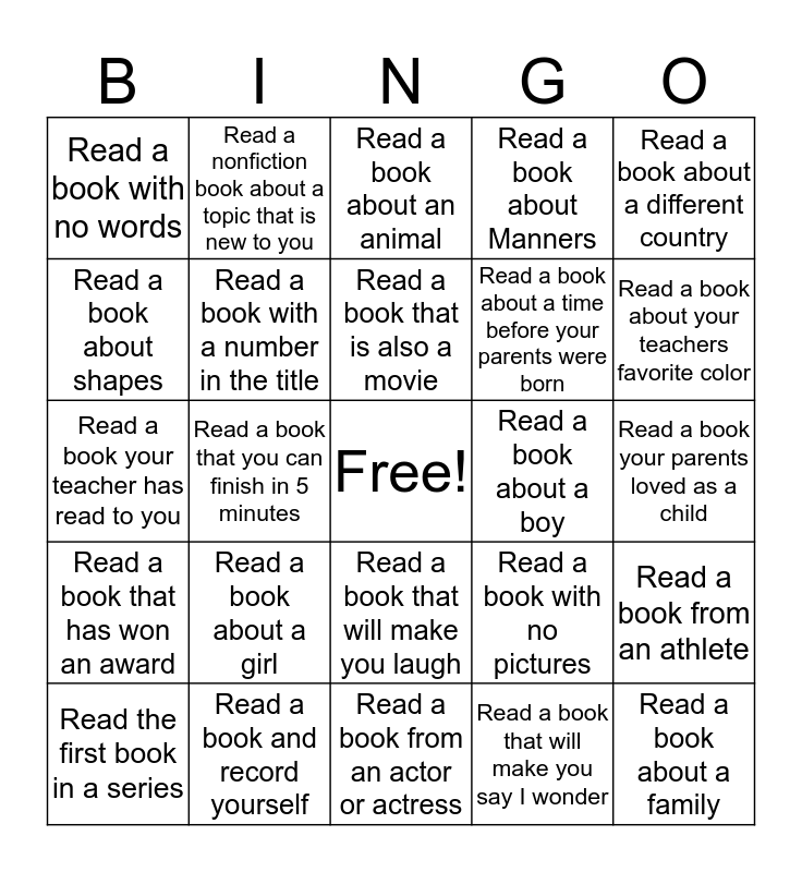 Kindergarten Book Bingo Card