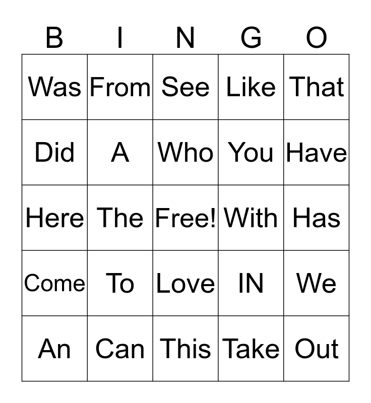 Site Word Bingo Card