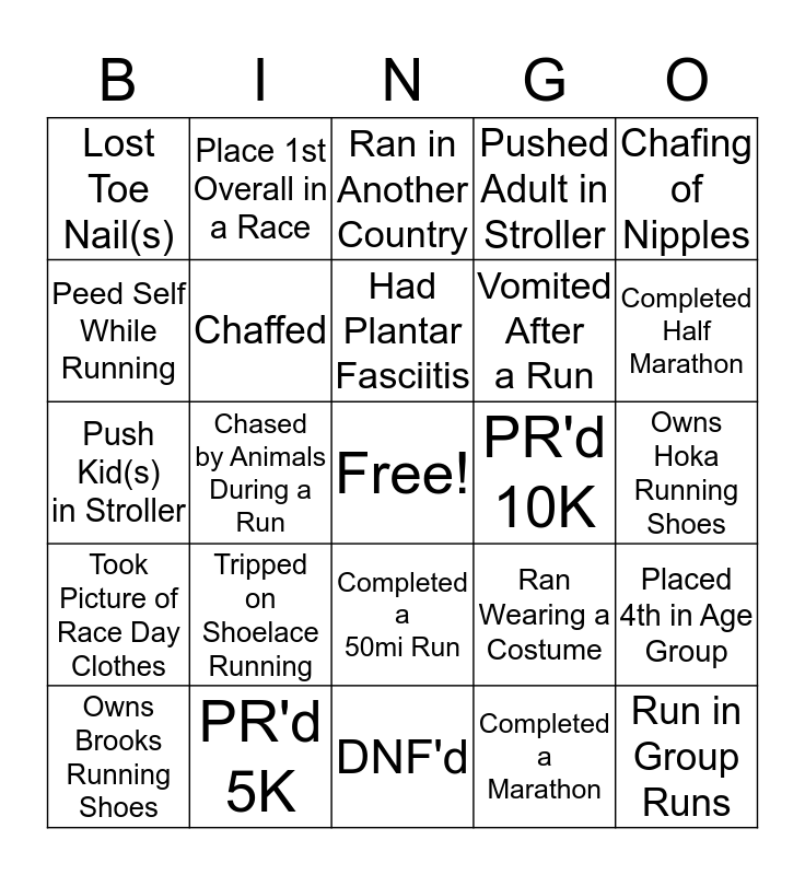 Runner's BINGO: place an X if you ever.... Bingo Card