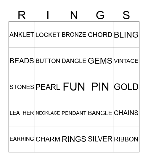 jewelry Bingo Card