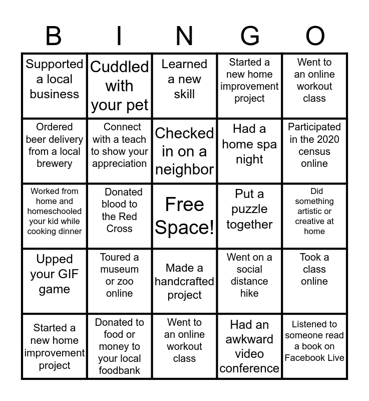 Social Distancing Bingo Card