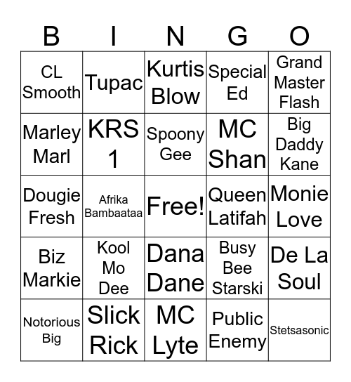 Old School Hip Hop Bingo Card