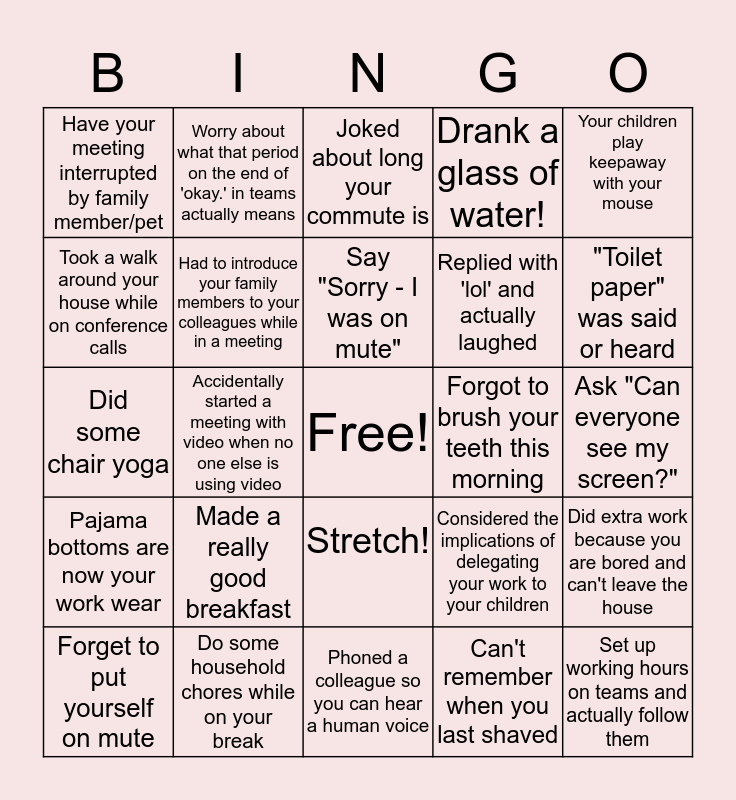 Remote Work Bingo Card