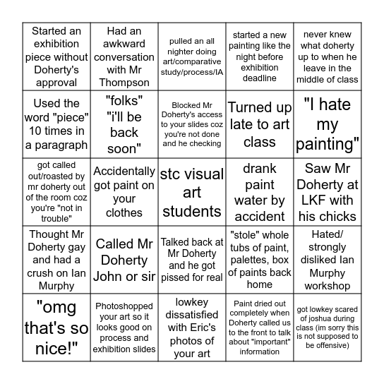 stc visual arts students bingo Card