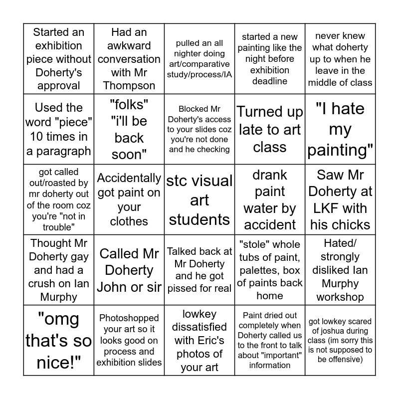 stc visual arts students bingo Card