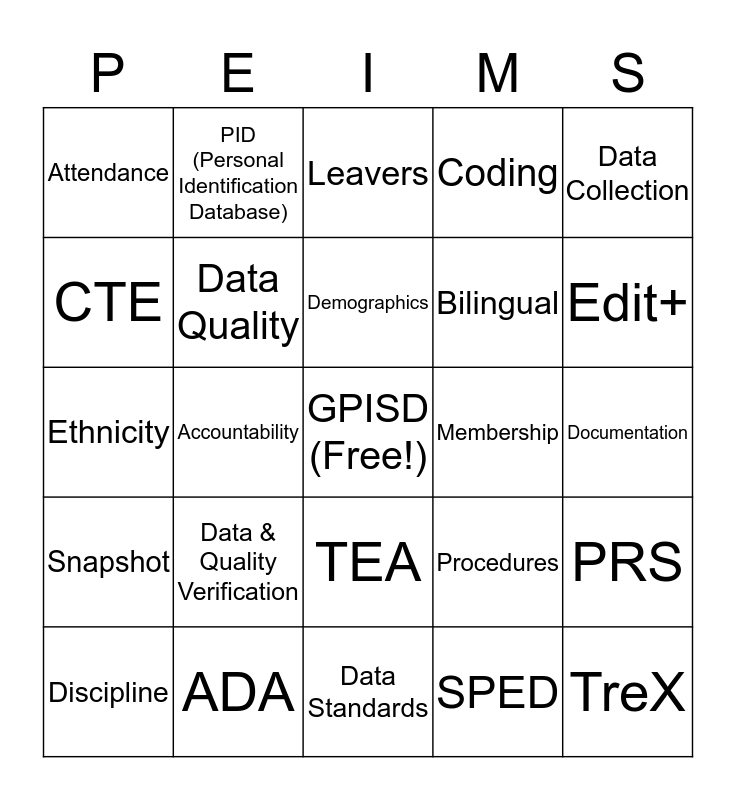 PEIMS Bingo Card Bingo Card
