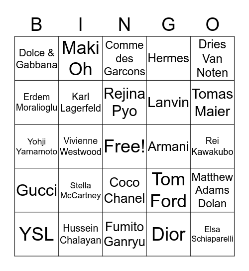 Fashion Designer Bingo Card