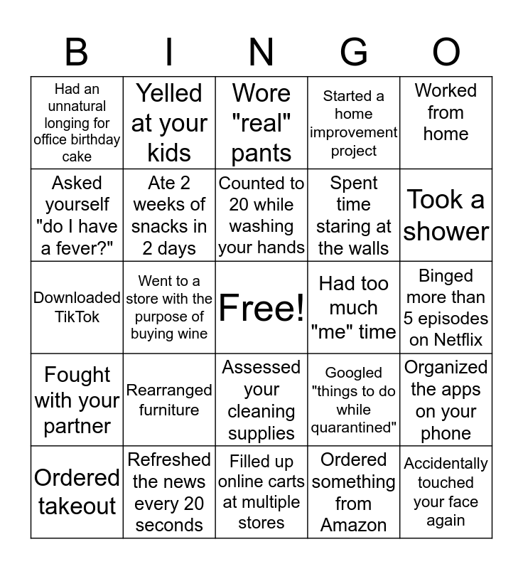 Shelter in Place 8 Bingo Card