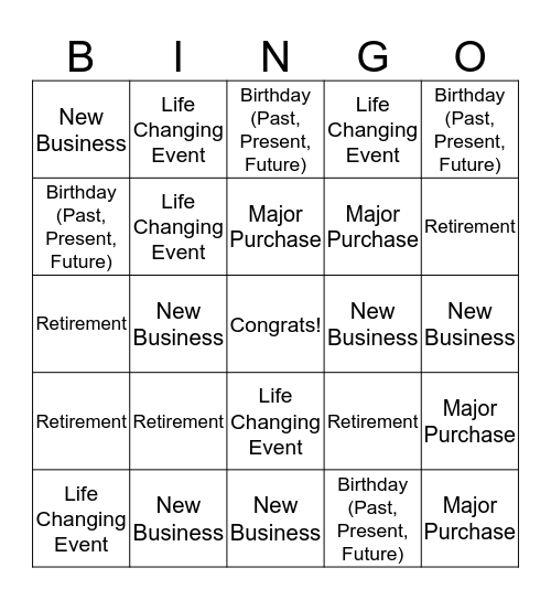 Congratulations! Bingo Card