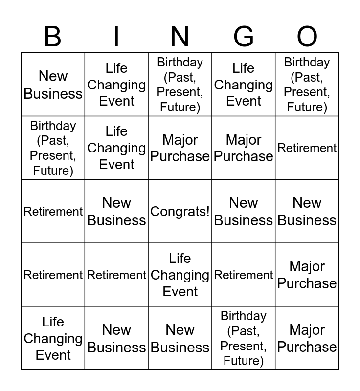 Congratulations! Bingo Card