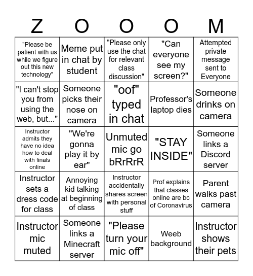 Zoom Bingo Card