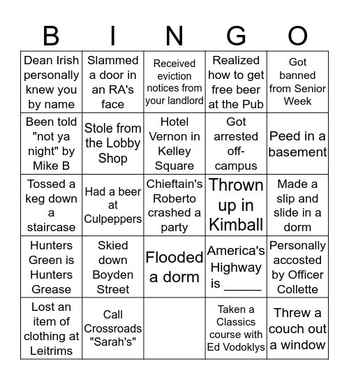 Holy Cross Bingo Card