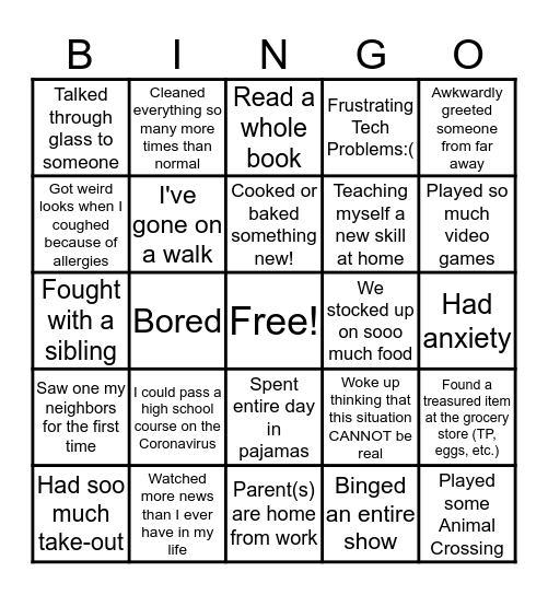 Social Distancing Bingo Card
