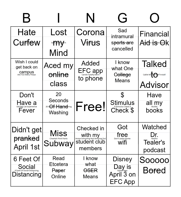 Bingo Break Bingo Card