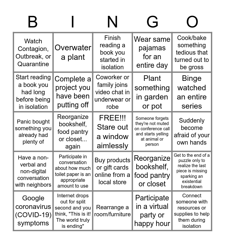 Quarantine Boredom Busters Bingo Card