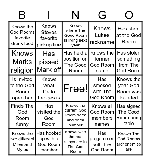 God Room Bingo Card