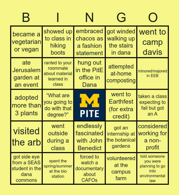 UMich PitE Bingo Card