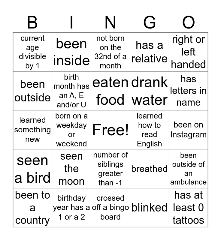 Life Bingo Card