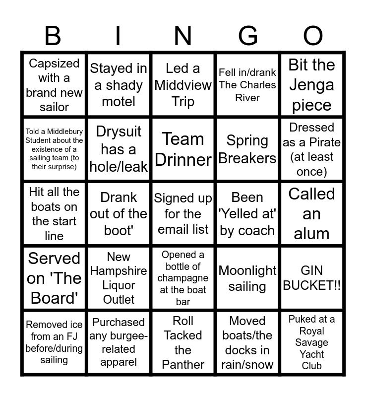 MIDDLEBURY COLLEGE SAILING CLUB Bingo Card