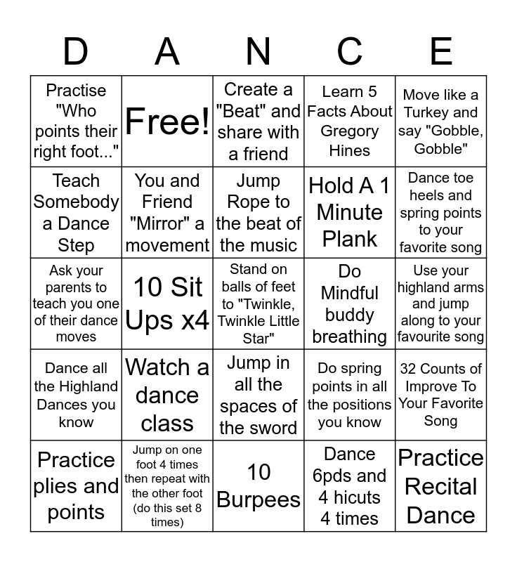 Dance Bingo Card