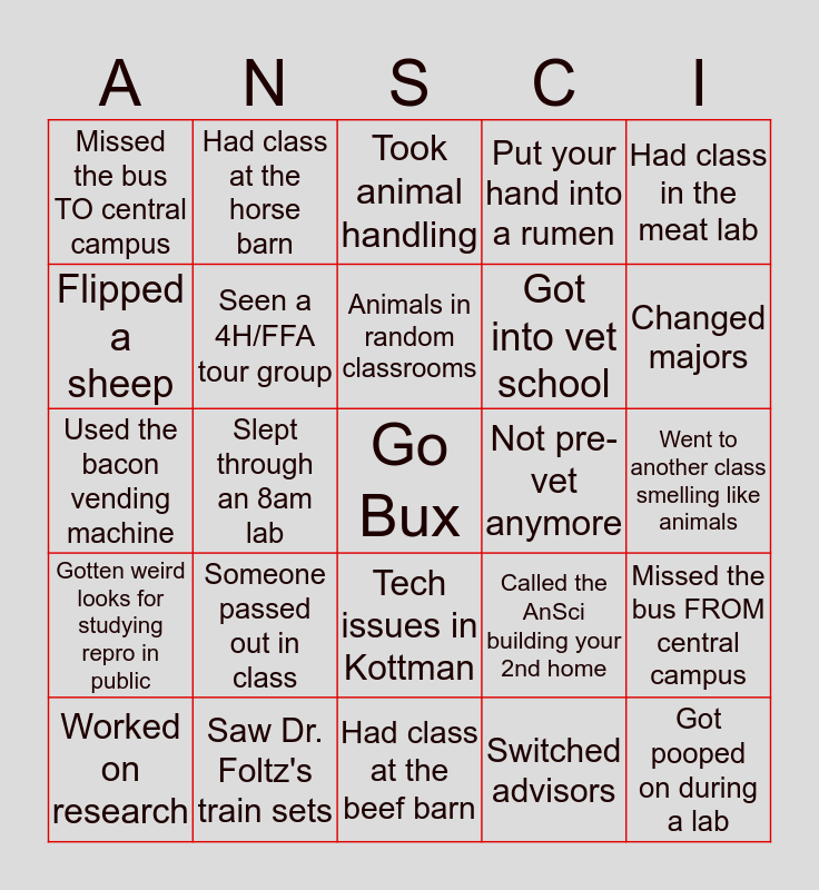 OSU Animal Science Bingo Card