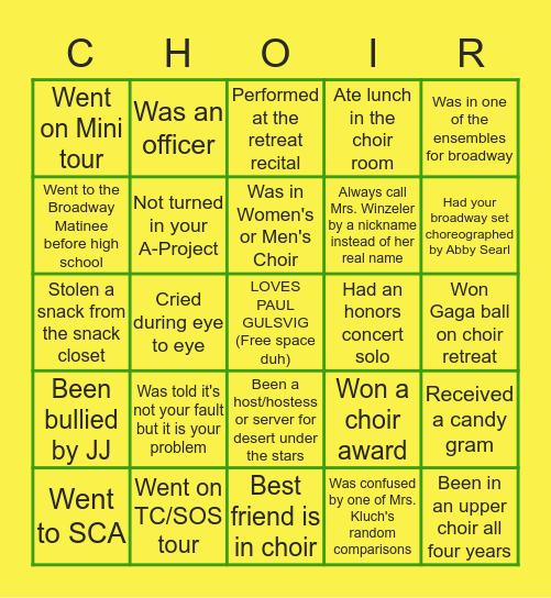 Horizon Choir Bingo Card