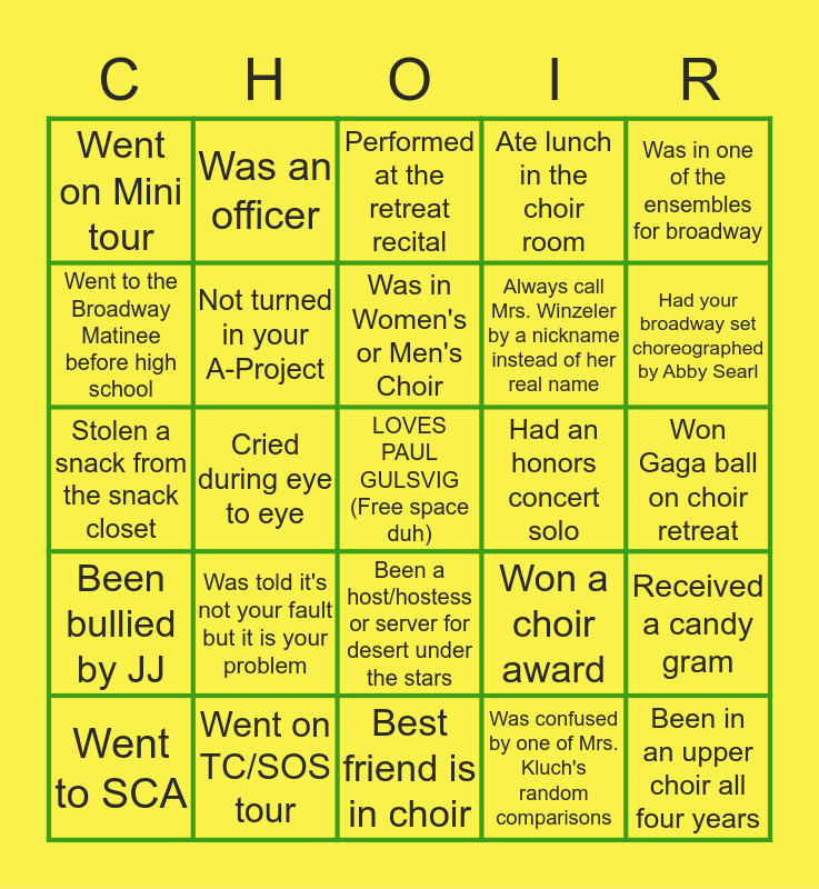 Horizon Choir Bingo Card