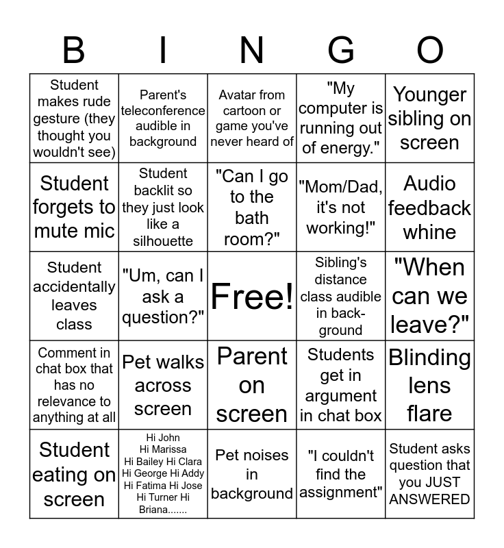Distance Learning Bingo Card