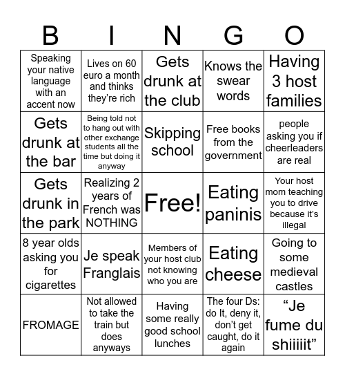 Being a Rotary youth Exchange student in france Bingo Card