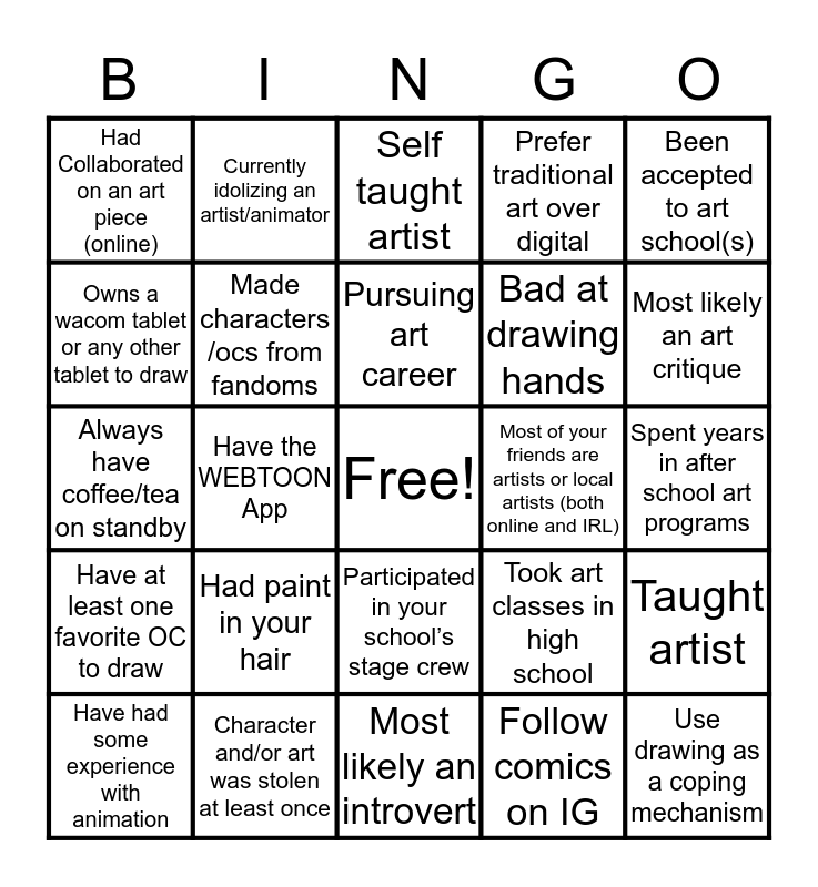 Artists of the Millennium Bingo Card