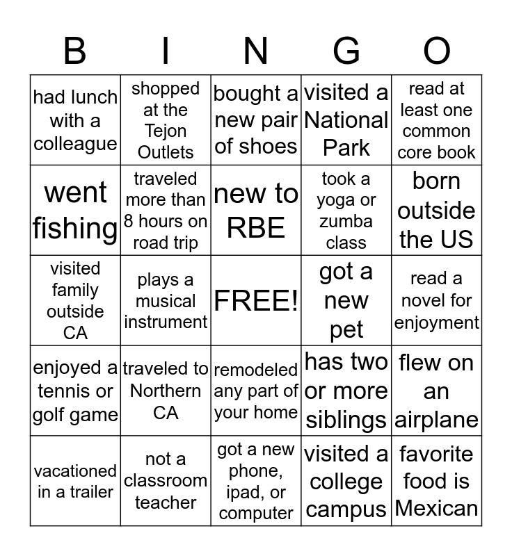 Welcome Back!! Bingo Card