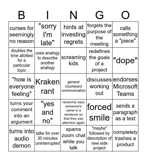 Teleworking Bingo Card