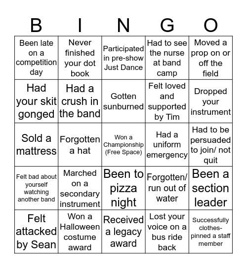 NHS Marching Band Bingo Card
