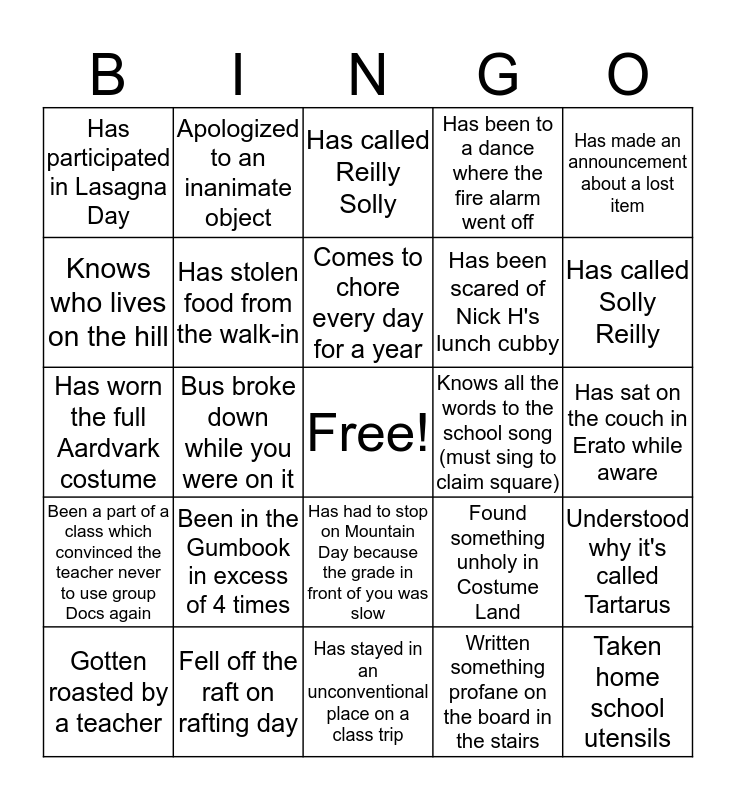 Many Feet Bingo Card