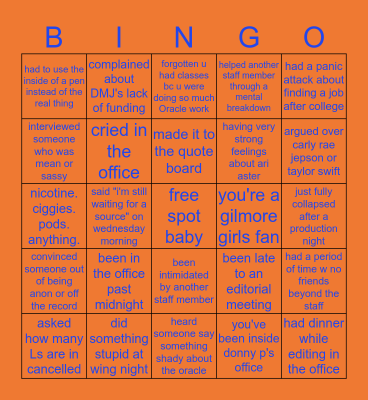 THE ORACLE / COLLEGE NEWSPAPER Bingo Card