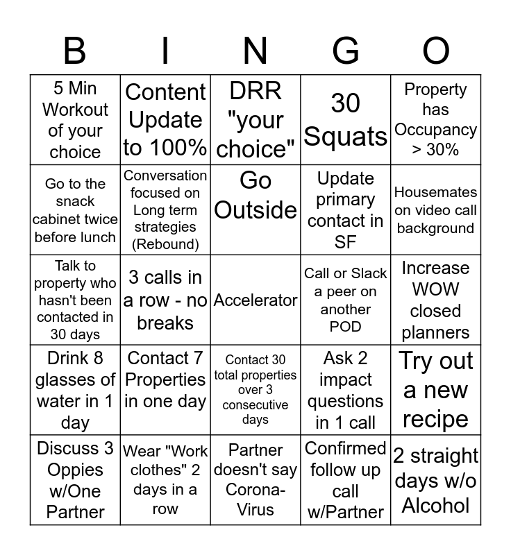 WFH Weekly Bingo Card