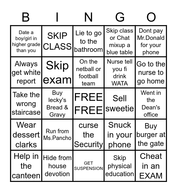 DUNOON PARK TECHNICAL HIGH SCHOOL Bingo Card