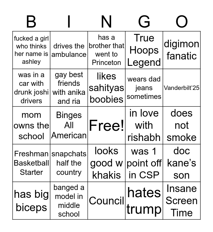 Evan Bingo Card