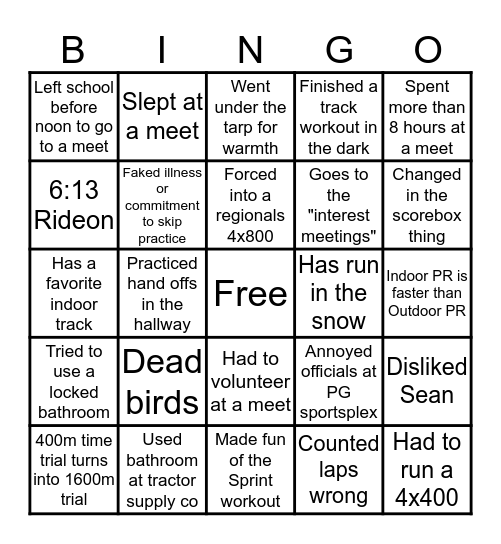 Indoor track bingo Card