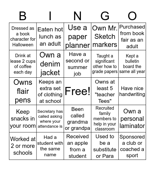 Teacher Bingo Card