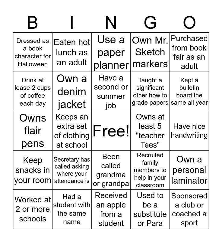 Teacher Bingo Card